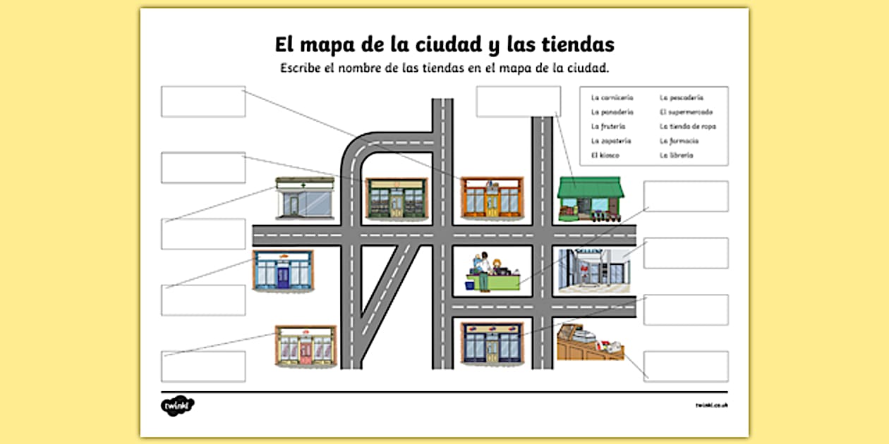 Shops in Town Map Worksheet / Worksheet Spanish, worksheet