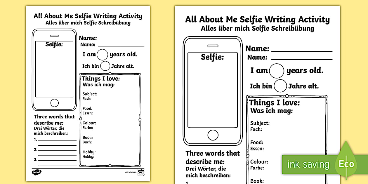All About Me Selfie Writing Worksheet / Worksheet English/German