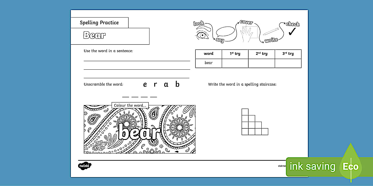 Bear Spelling Practice Worksheet (Teacher-Made) - Twinkl