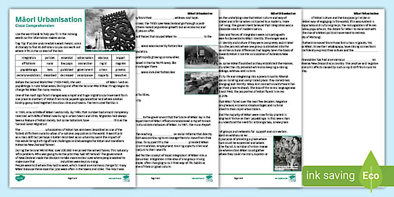 Māori Urbanisation Cloze Comprehension (Year 7-8) - Twinkl