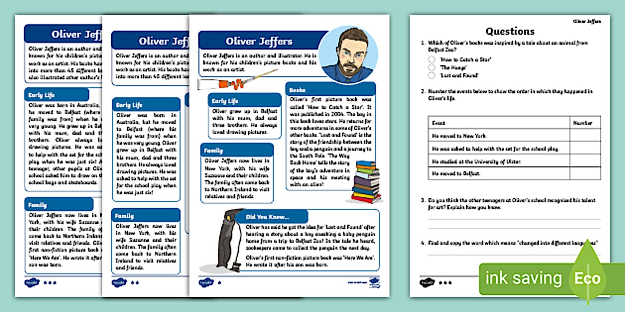 Oliver Jeffers Differentiated Comprehension Activity