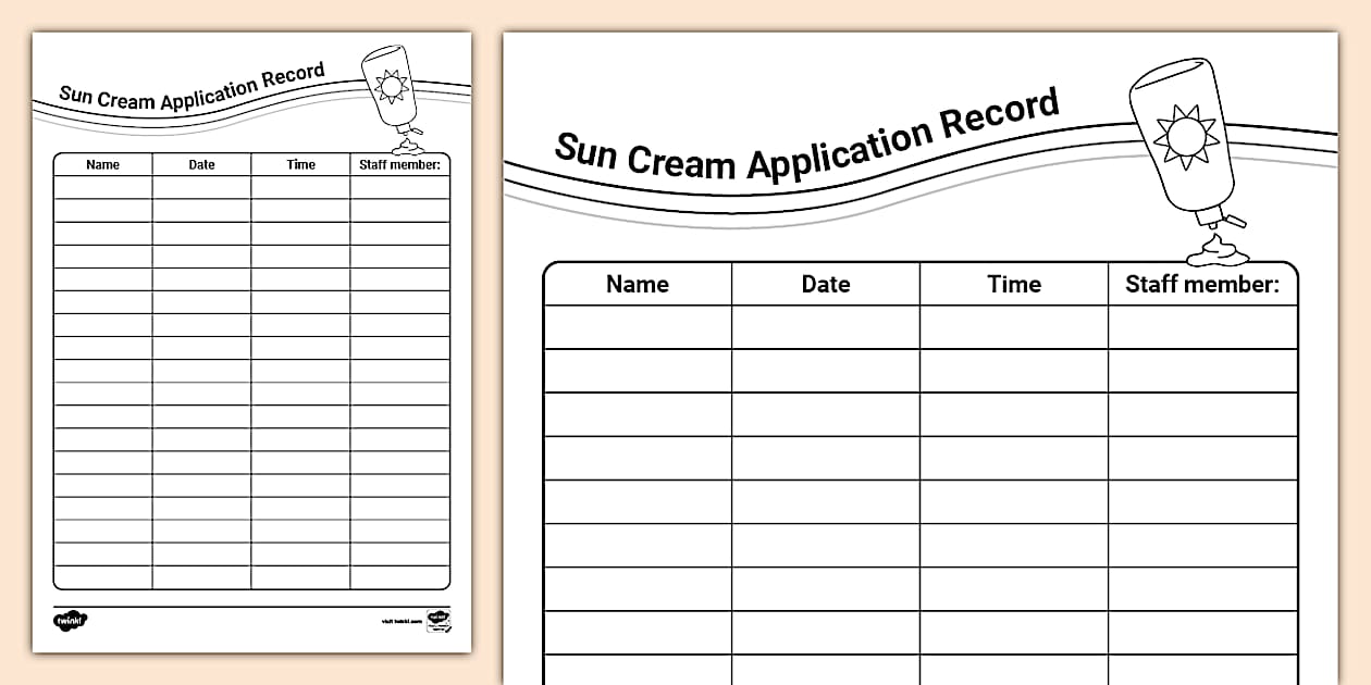 Sun Cream Application Record (teacher made) - Twinkl