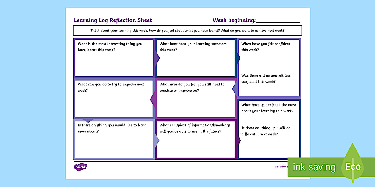 Black and White Learning Log Reflection Worksheet - Twinkl