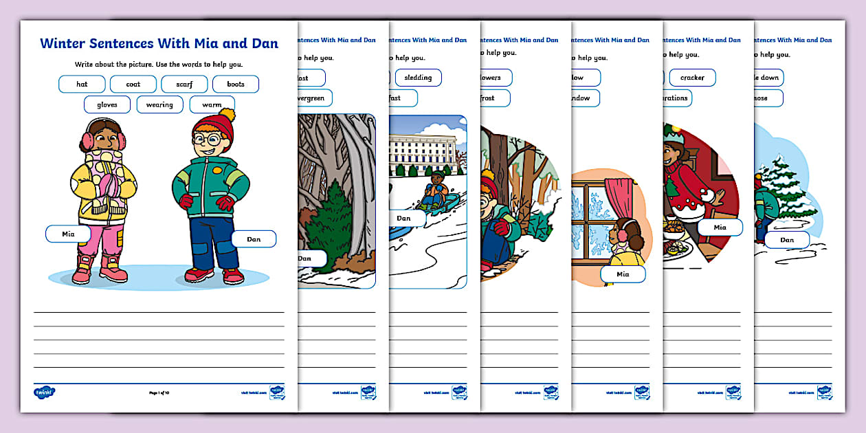 Winter Sentences With Mia and Dan Activity Sheets - Twinkl