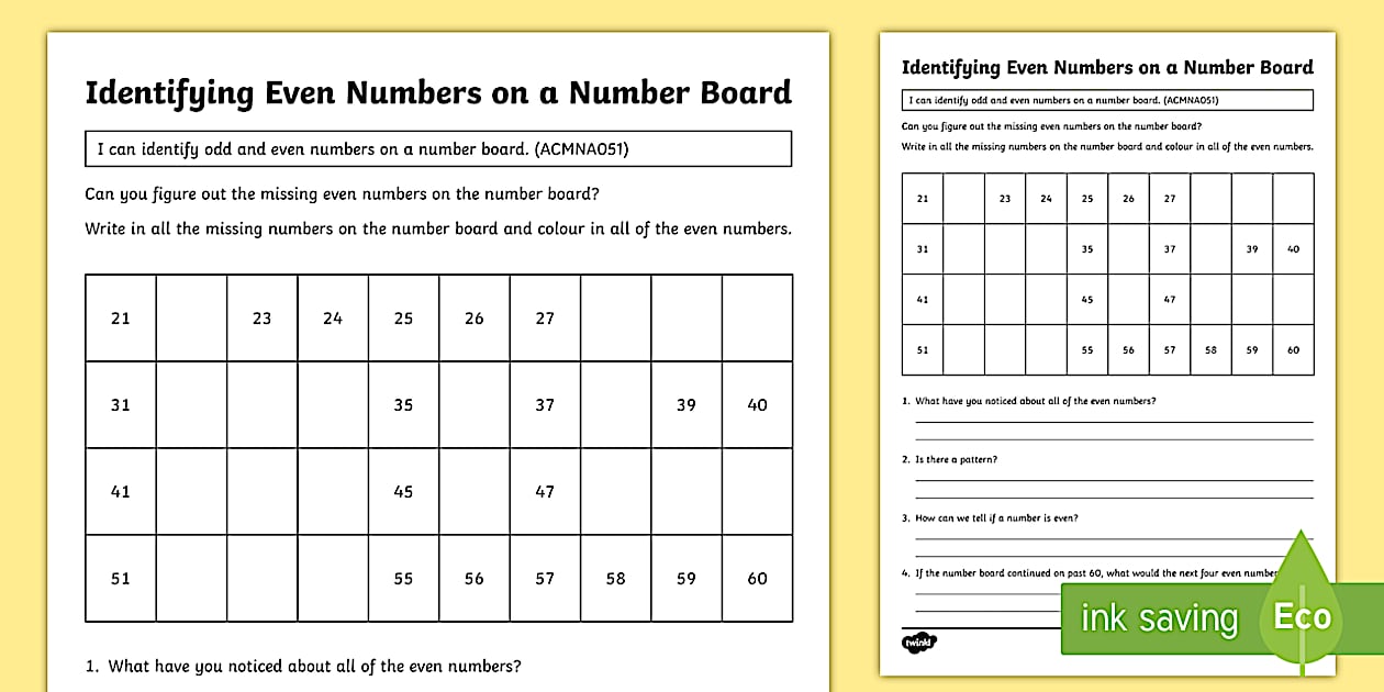 Identifying Even Numbers on a Number Board Worksheet / Worksheet