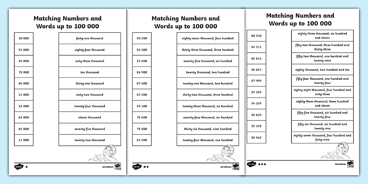Matching Numbers and Words up to 100 000 Differentiated Worksheets