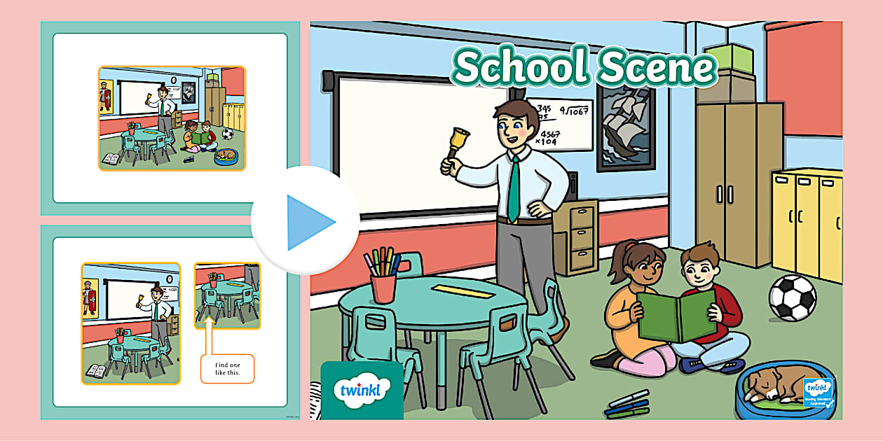 School Scene Blanks Level 1 Questions PowerPoint - Twinkl