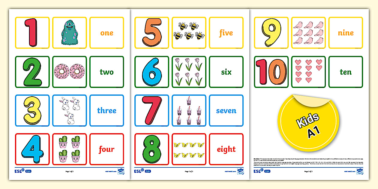 ESL Numbers 1 10 Matching Cards Kids A1 