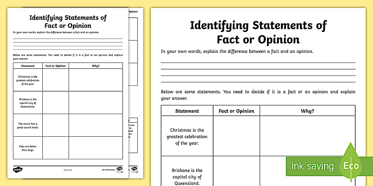 Editable Identifying Statements of Fact or Opinion Assessment Sheet