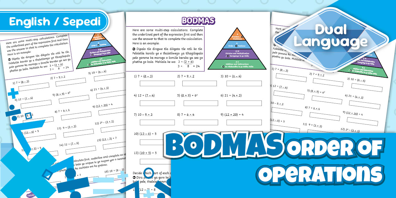 BODMAS Order of Operations Worksheets Sepedi/English