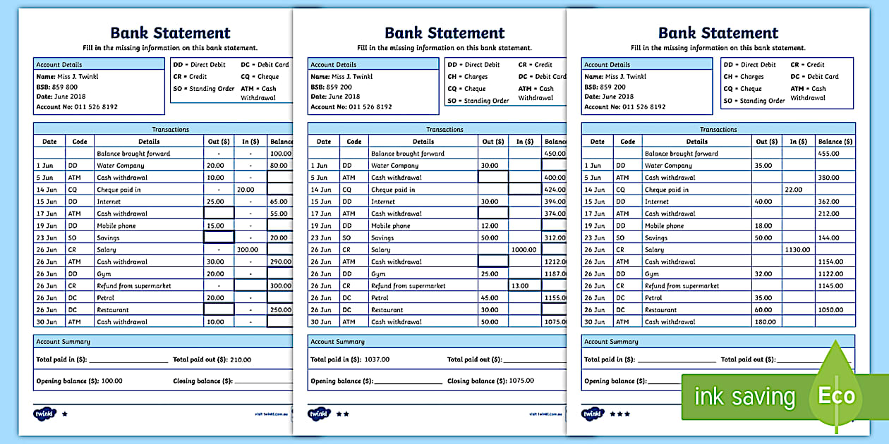 Bank Statements Worksheets - Australia - Twinkl