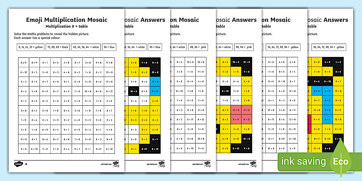 👉 😊 8x Table Emoji Multiplication Mosaic Differentiated Activity Sheets