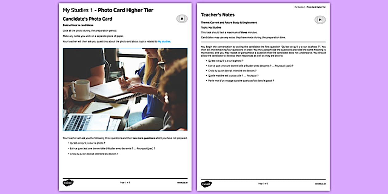 My Studies 1 GCSE Higher Tier Photo-Card French - Twinkl