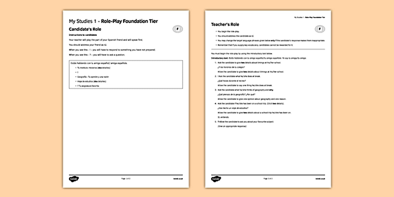 My Studies 1 Role Play Foundation Tier Spanish