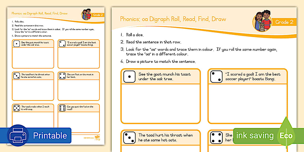 Grade 2 Phonics : oa Digraph Roll, Read, Find, Draw - Twinkl