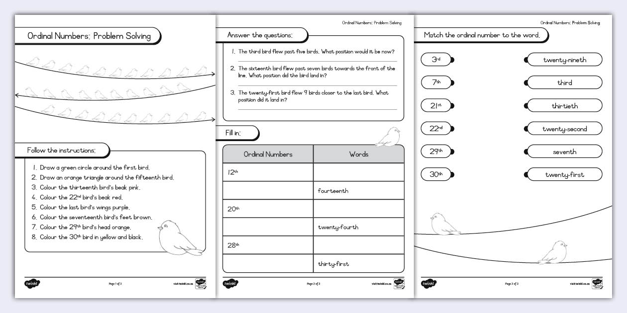 Gr 3 Maths: Ordinal Numbers: Problem Solving: Activity Sheet