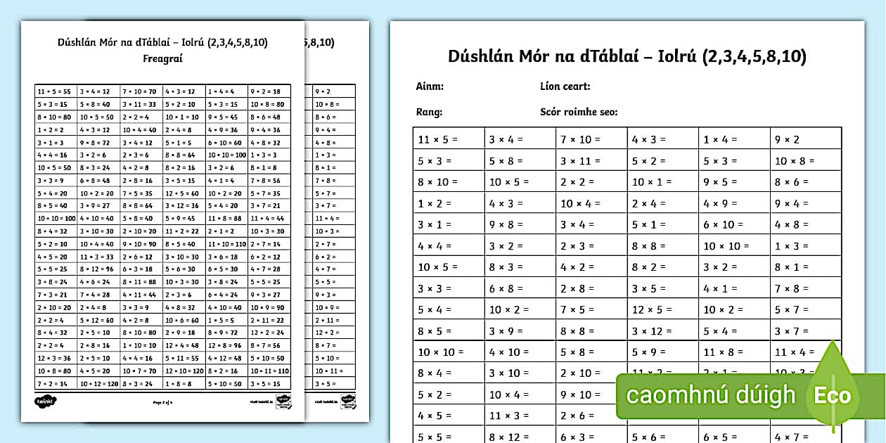 Dúshlán Mór na dTáblaí 2,3,4,5,8,10 (teacher made)