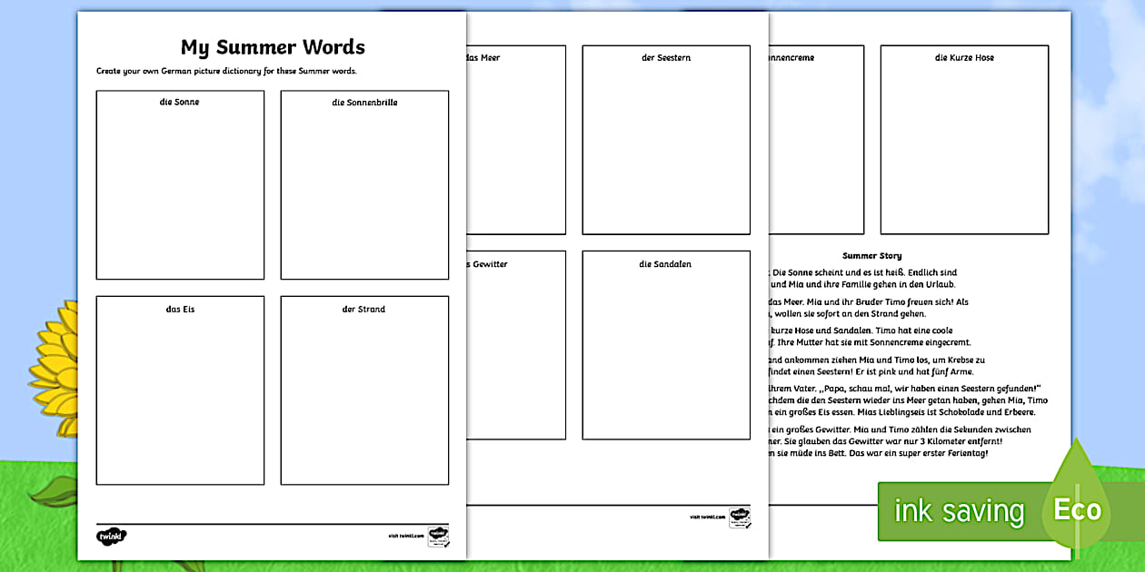Summer Words Make Your Own Dictionary Worksheet / Worksheet - German