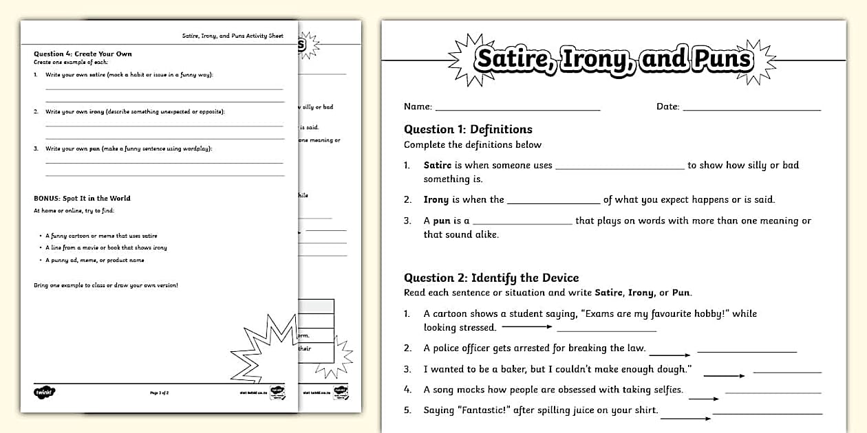 Satire, Irony, Puns Activity Sheet (teacher made) - Twinkl
