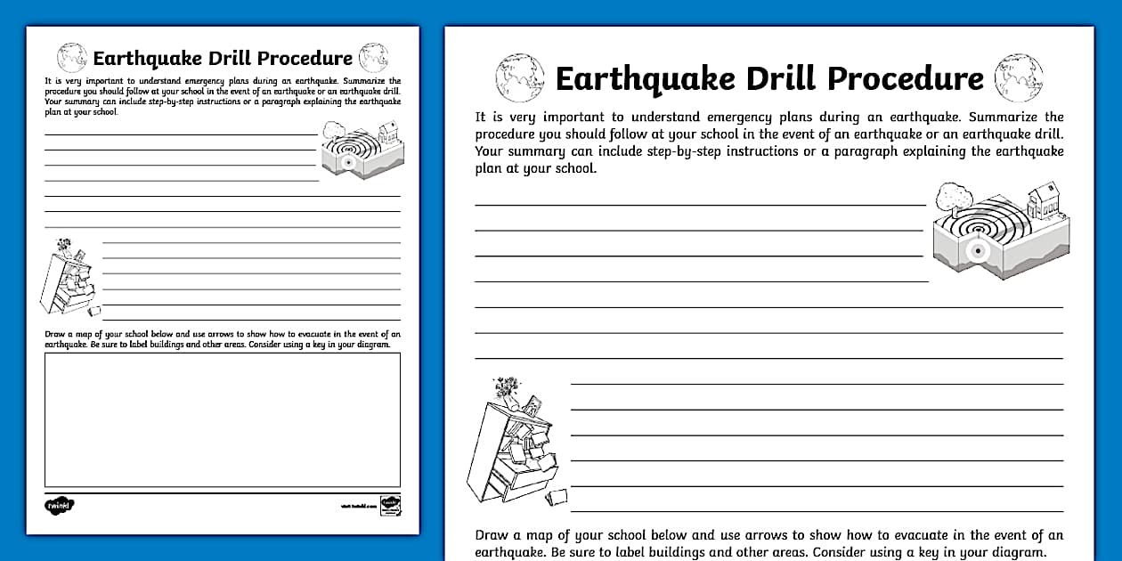 Earthquake Drill Procedure Worksheet for 3rd-4th Grade