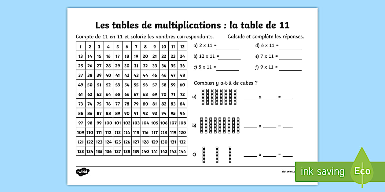 Fiche de calcul: la table de 11 les multiplications Feuille d'activités