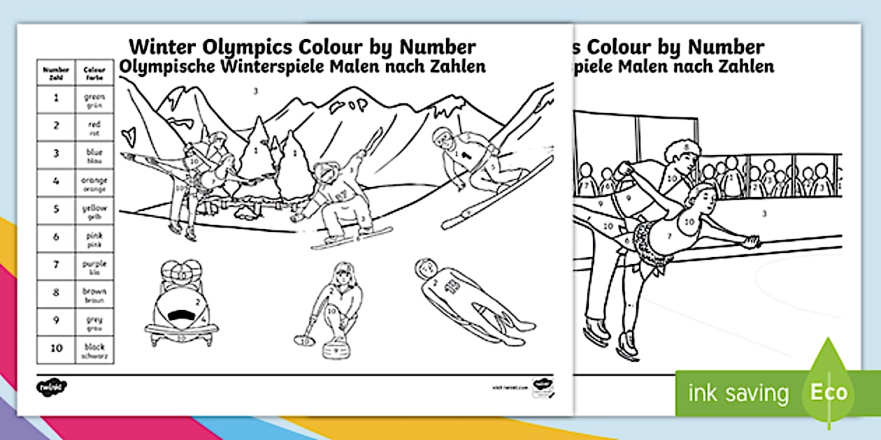KS1 Winter Olympics Colour by Number English/German - Twinkl