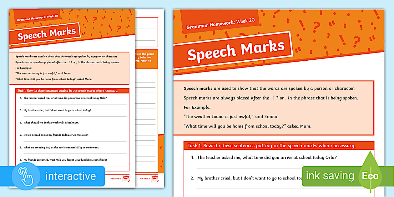 Grammar Homework Week 20 Speech Marks 3rd/4th Class - Twinkl