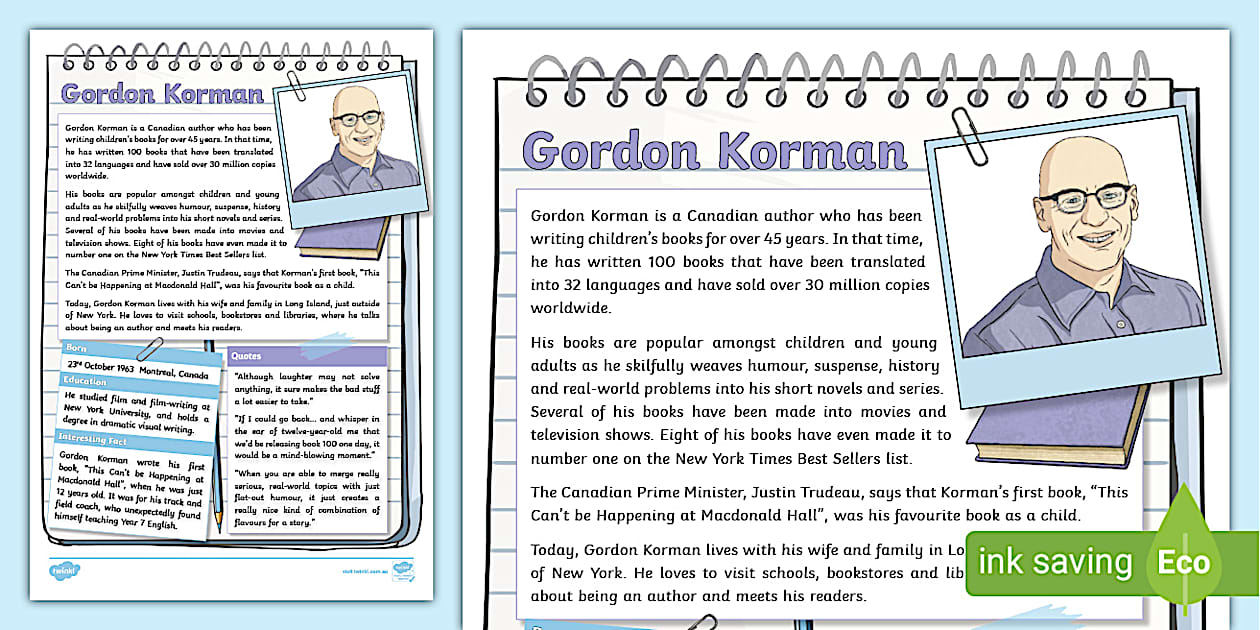 Gordon Korman Fact File Ι Years 5&6 Reading Resources