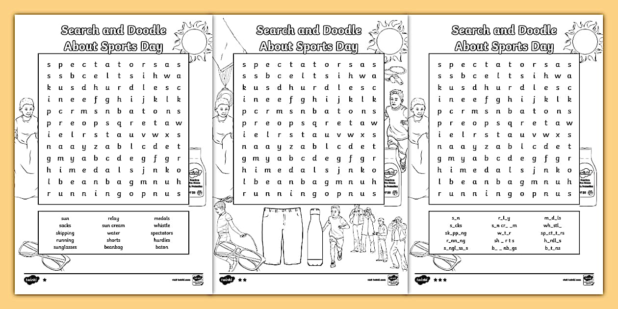 Search and Doodle Sports Day Word Search (teacher made)