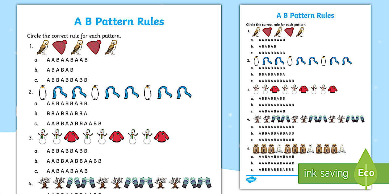 Black and White Winter Themed Pattern Rules Worksheet