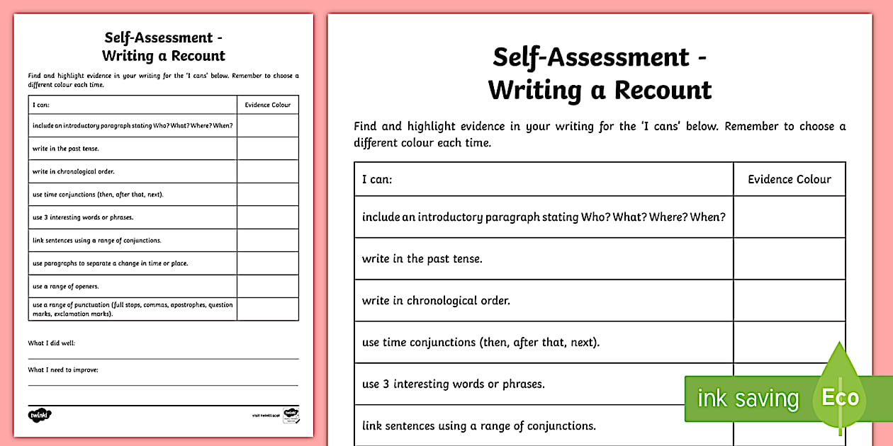 Editable Second Level Writing a Recount Self Assessment Checklist