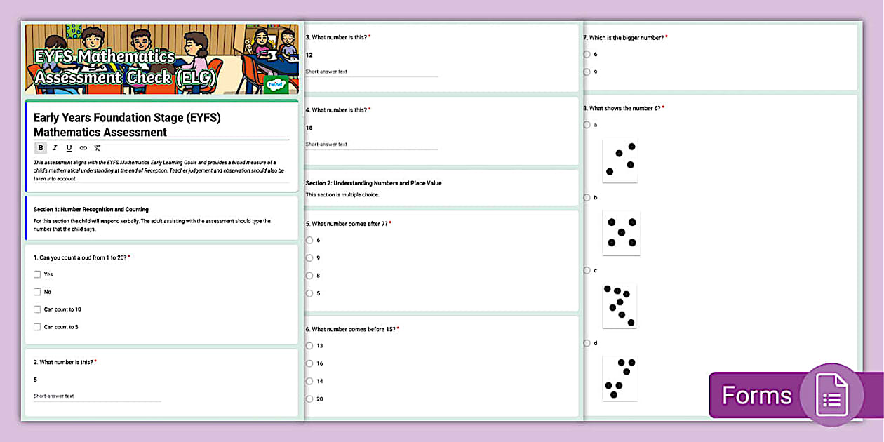 Early Years Foundation Stage (EYFS) Mathematics Assessment Google Form