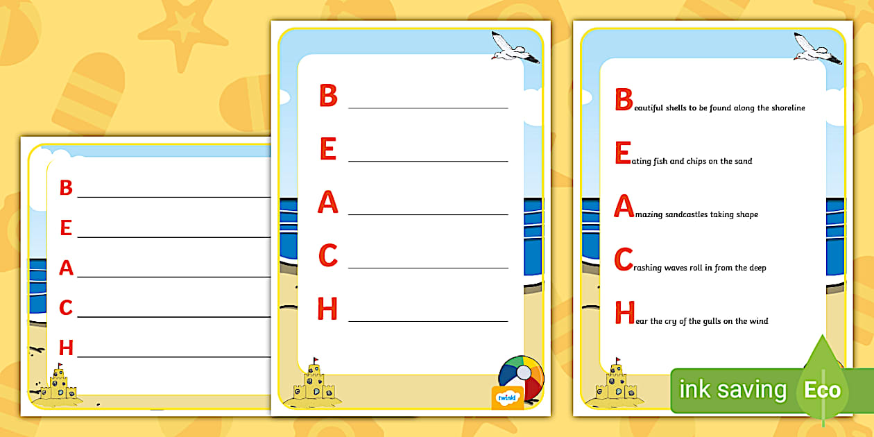 Beach Acrostic Poem Example (teacher made) - Twinkl