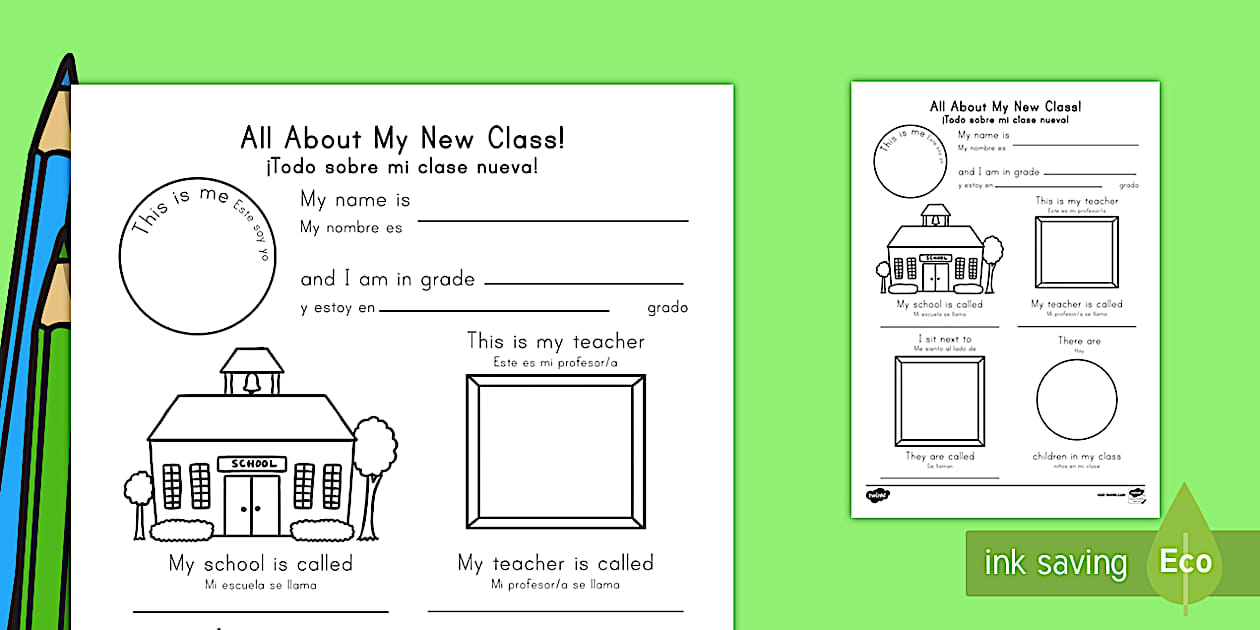 All About My New Class Worksheet English/Spanish - Twinkl