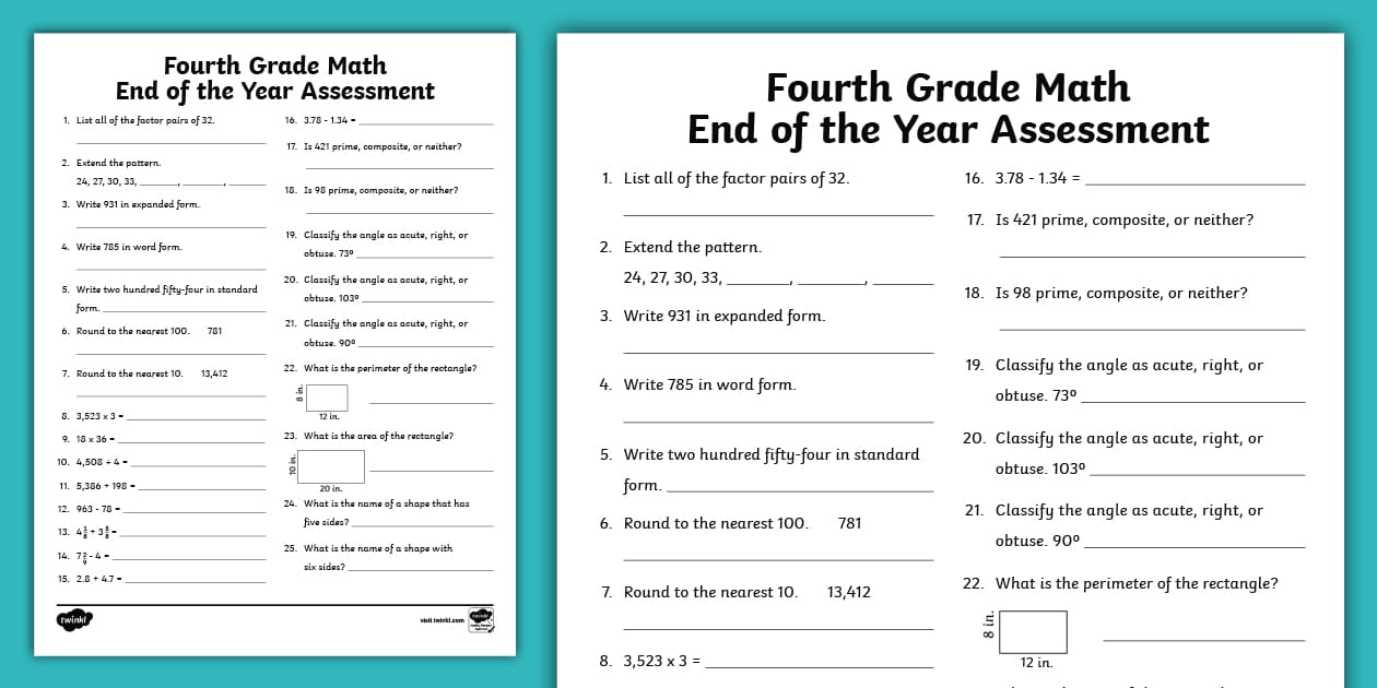 Fourth Grade End of the Year Math Assessment - Twinkl