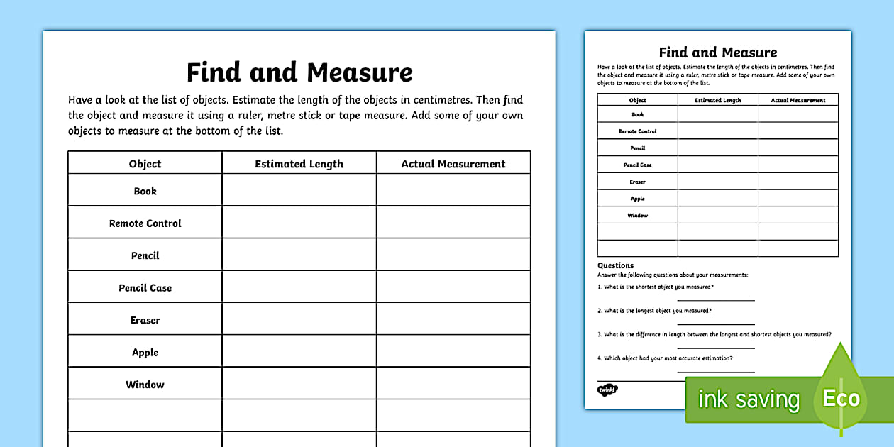 Find and Measure Worksheet / Worksheet - Twinkl