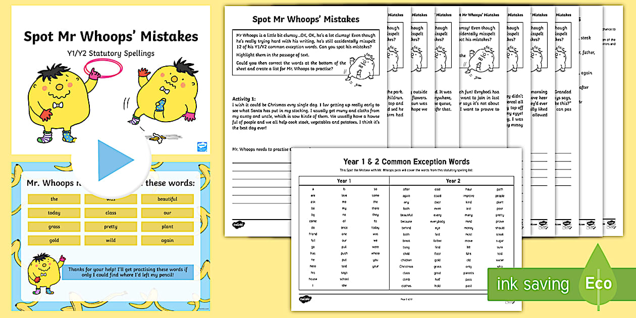 Spot Mr Whoops Mistakes Y1Y2 Common Exception Words Spelling Pack