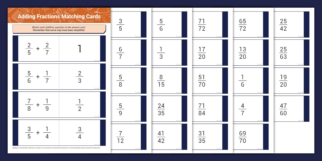 Adding Fractions Matching Cards (Hecho por educadores)
