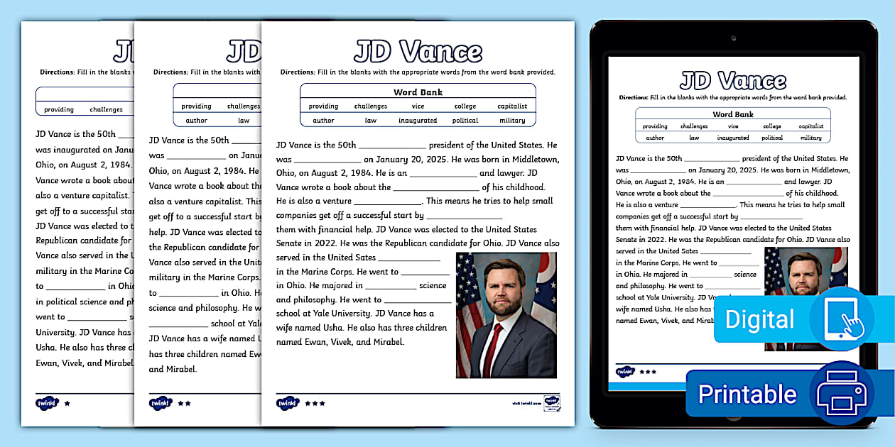 Fourth Grade JD Vance Differentiated Cloze Reading Activity