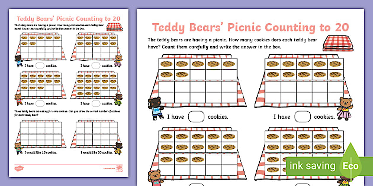 👉 Teddy Bears' Picnic Counting to 20 Worksheet - Twinkl