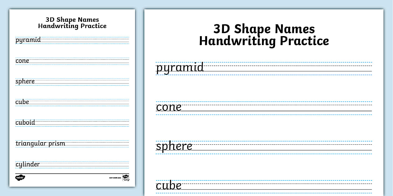 3D Shape Names Handwriting Practice Activity Sheet - Twinkl