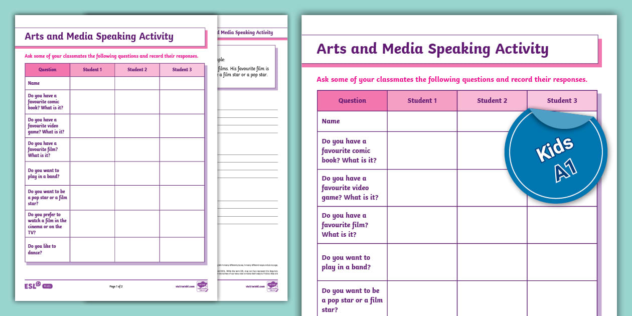 ESL Arts & Media Speaking Activity for Kids (teacher made)