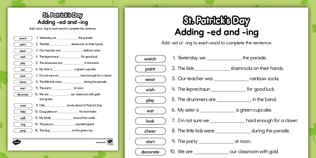 St. Patrick's Day Adding -ed and -ing Worksheet for K-2nd Grade