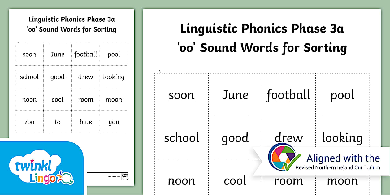 Northern Ireland Linguistic Phonics 3a 'oo' Sound Words for Sorting Sheet