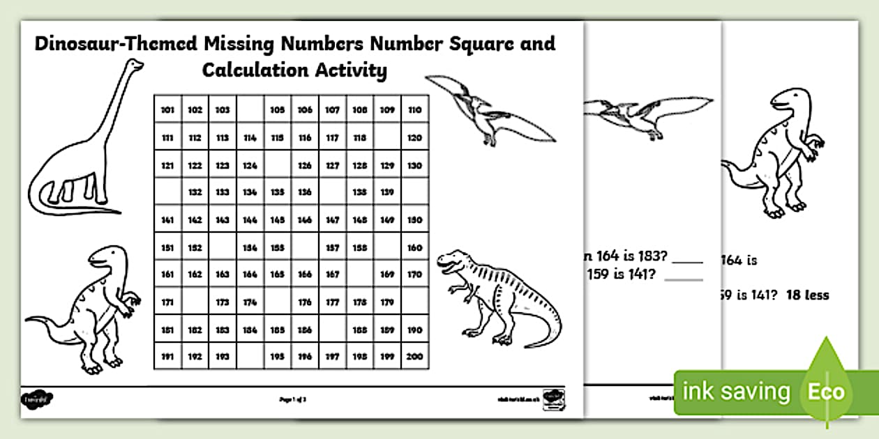 👉 Dinosaur-Themed Missing Number Hundred Square and Calculation Activity