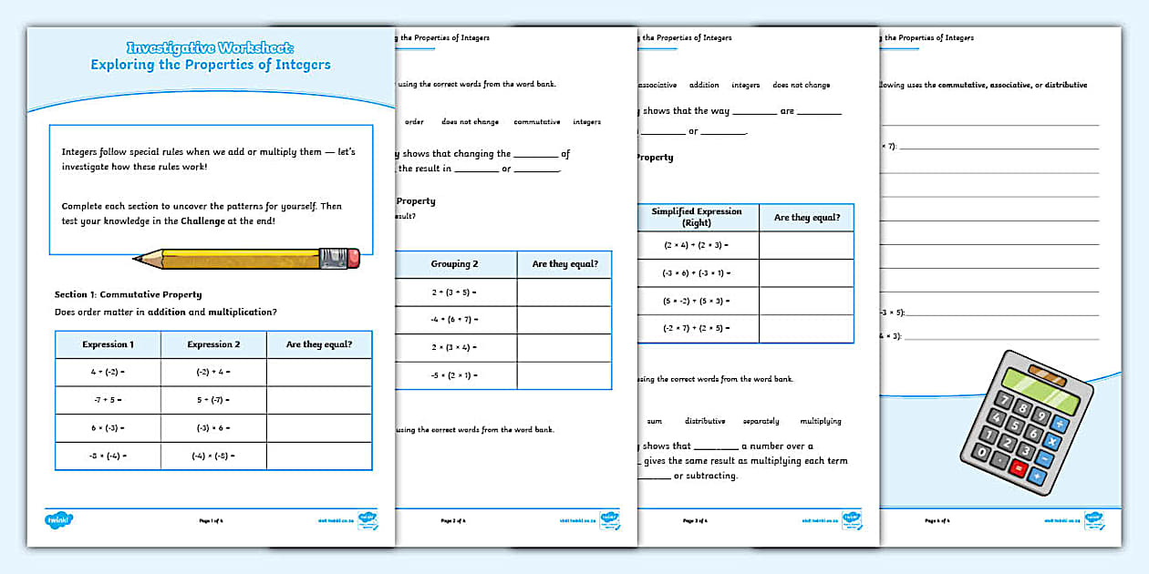 Grade 8 Worksheet: Integer Properties - Twinkl