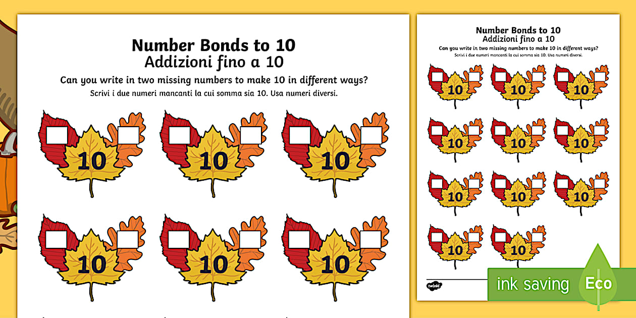 Autumn Leaf Number Bonds to 10 Worksheet / Worksheet English/Italian