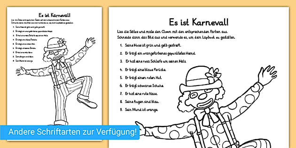 Es ist Karneval - Lesen und Malen - Arbeitsblatt - Twinkl