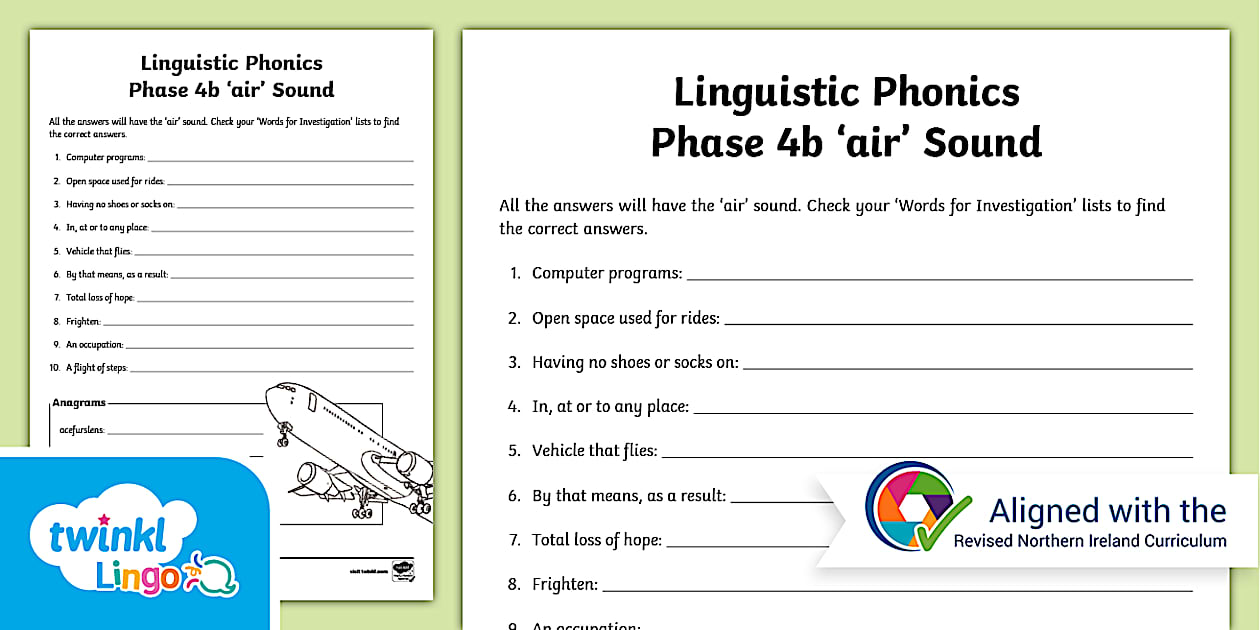 air Word Worksheet - NI Phase 4b Phonics (teacher made)