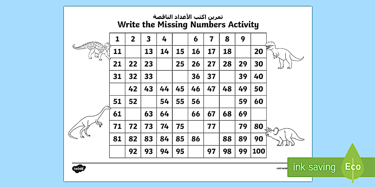 Dinosaur Themed Missing Numbers Number Square 1-100 Arabic/English